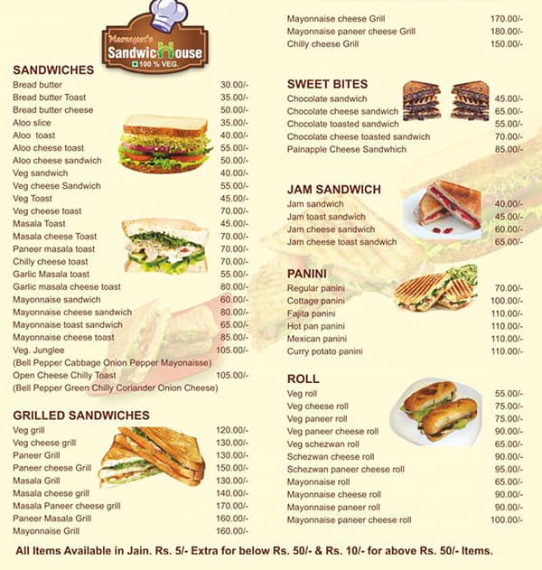 Menu of Narayan's Sandwich House, Marol, Mumbai