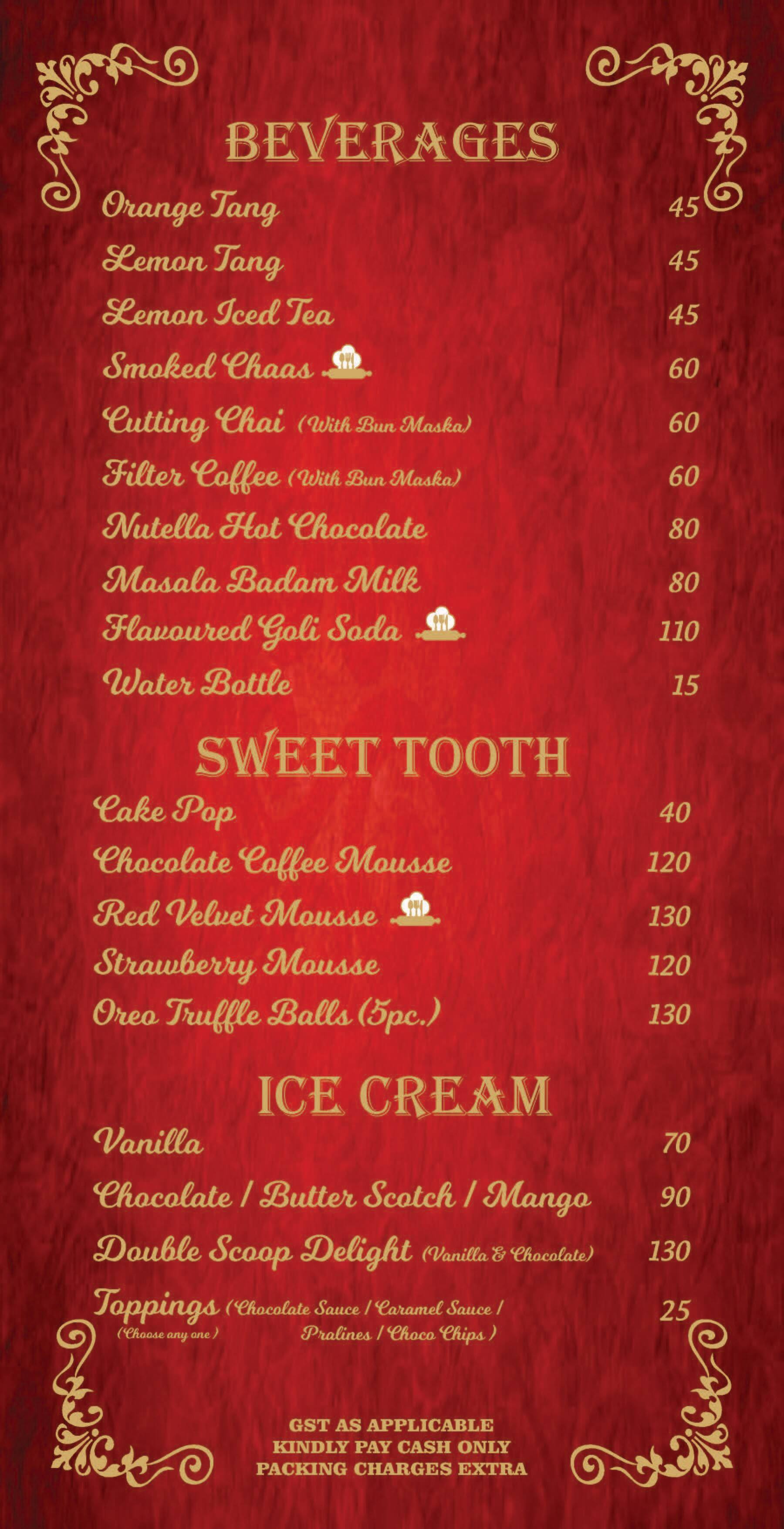 Menu at Fully Loaded, Chennai