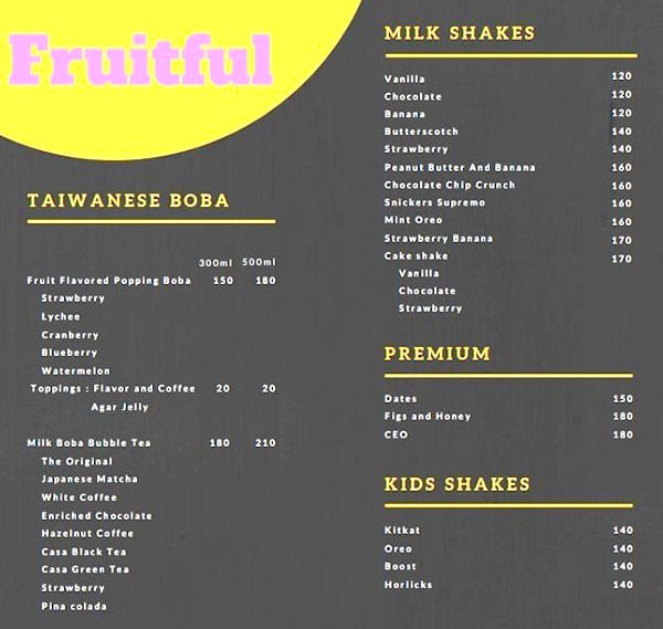 Menu of Fruitful, RS Puram, Coimbatore