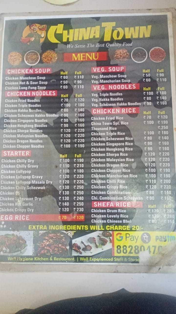 Menu of China Town, Ghatkopar East, Mumbai