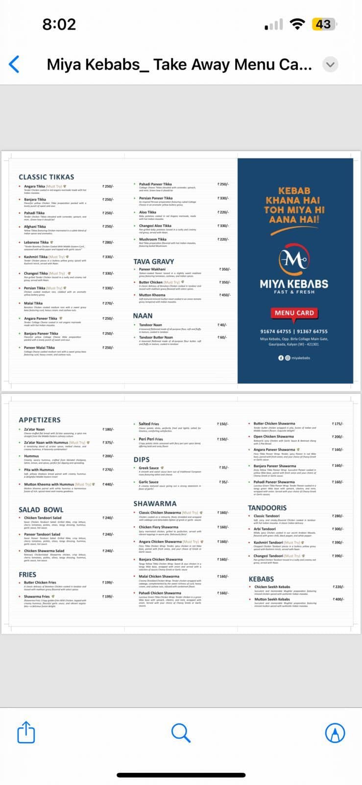 Menu of Miya Kebabs, Kalyan, Thane