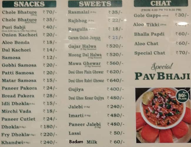 Menu of Bhatia Sweets, IP Extension, New Delhi