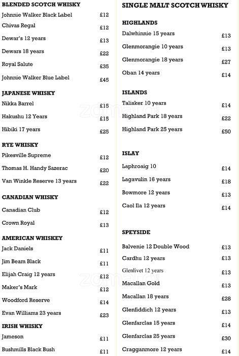 Menu at The Mirror Bar, London