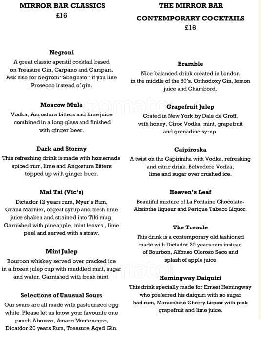 Menu at The Mirror Bar, London