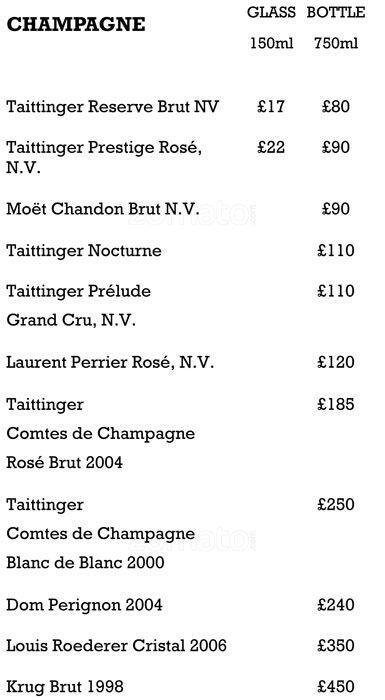 Menu at The Mirror Bar, London