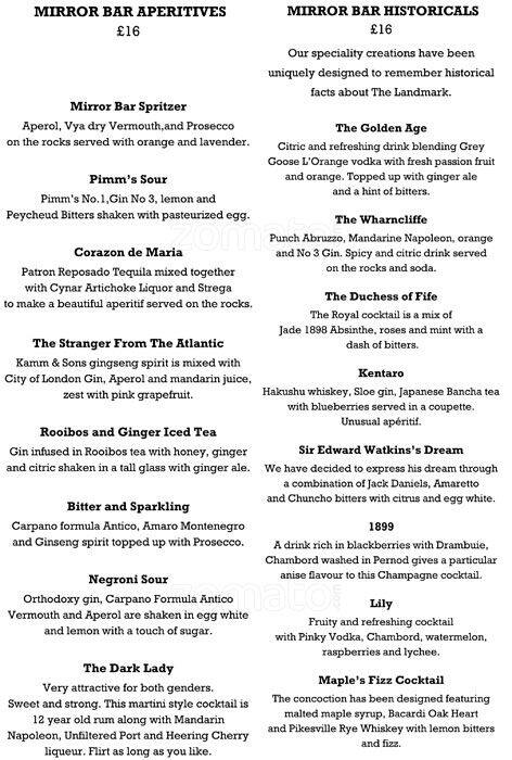 Menu at The Mirror Bar, London