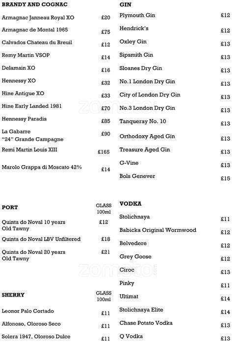 Menu at The Mirror Bar, London