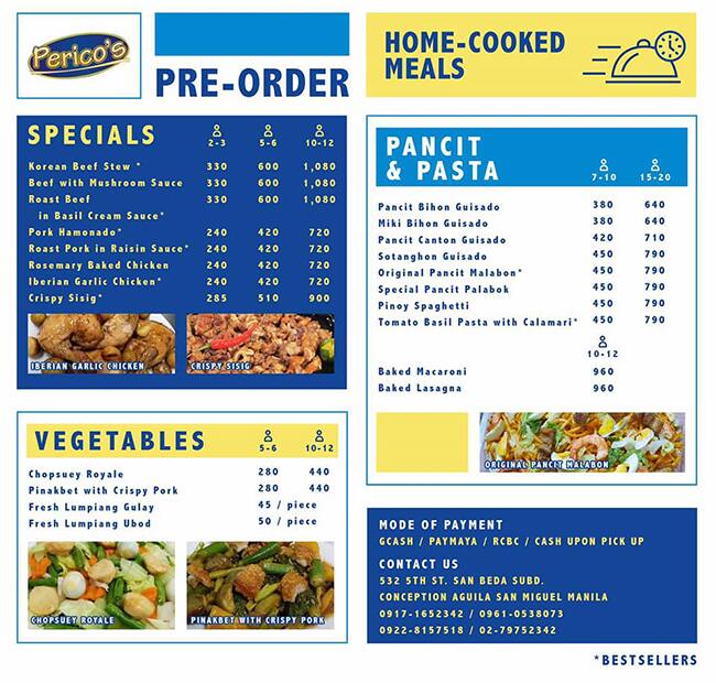 Menu at Perico's fast food, Manila, HXXV+C98