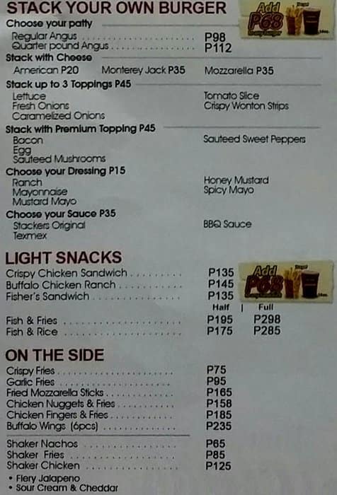 Menu at Stackers restaurant, Quezon City, 1100 Quezon City