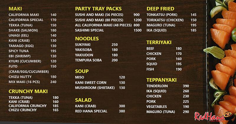 Carta de Red Hana Sushi Restaurant, Ciudad Quezon, 24 Matalino St