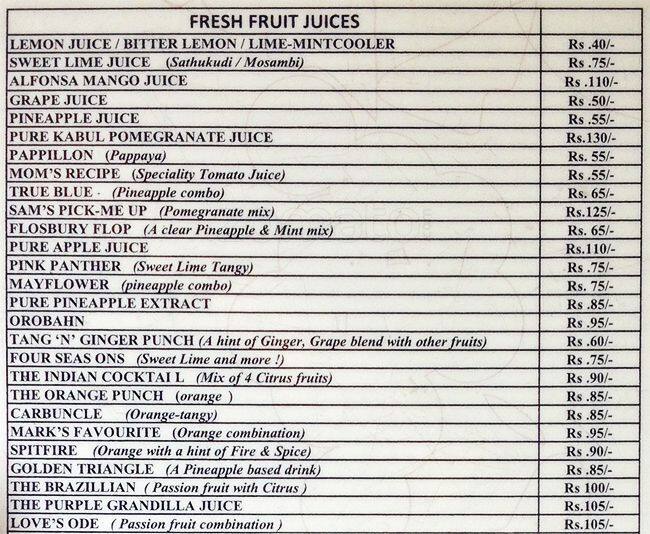 Menu at The Fruit Shop, Chennai, Alsa Mall