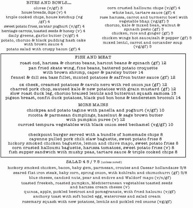 Menu at Checkpoint pub & bar, Edinburgh