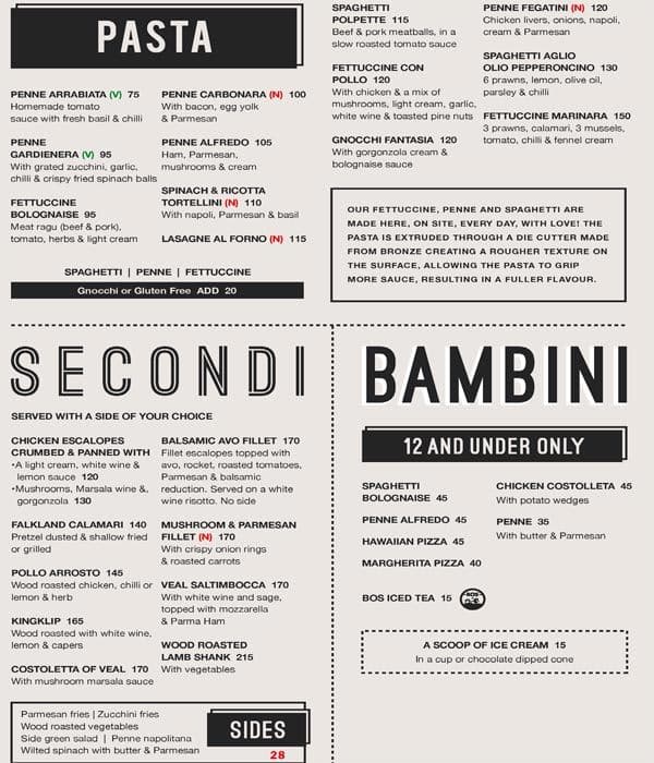 Menu at The Black Rabbit restaurant, Outer West Durban