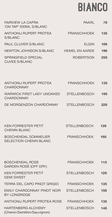 Menu at The Black Rabbit restaurant, Outer West Durban