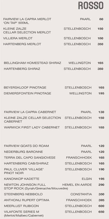 Menu at The Black Rabbit restaurant, Outer West Durban