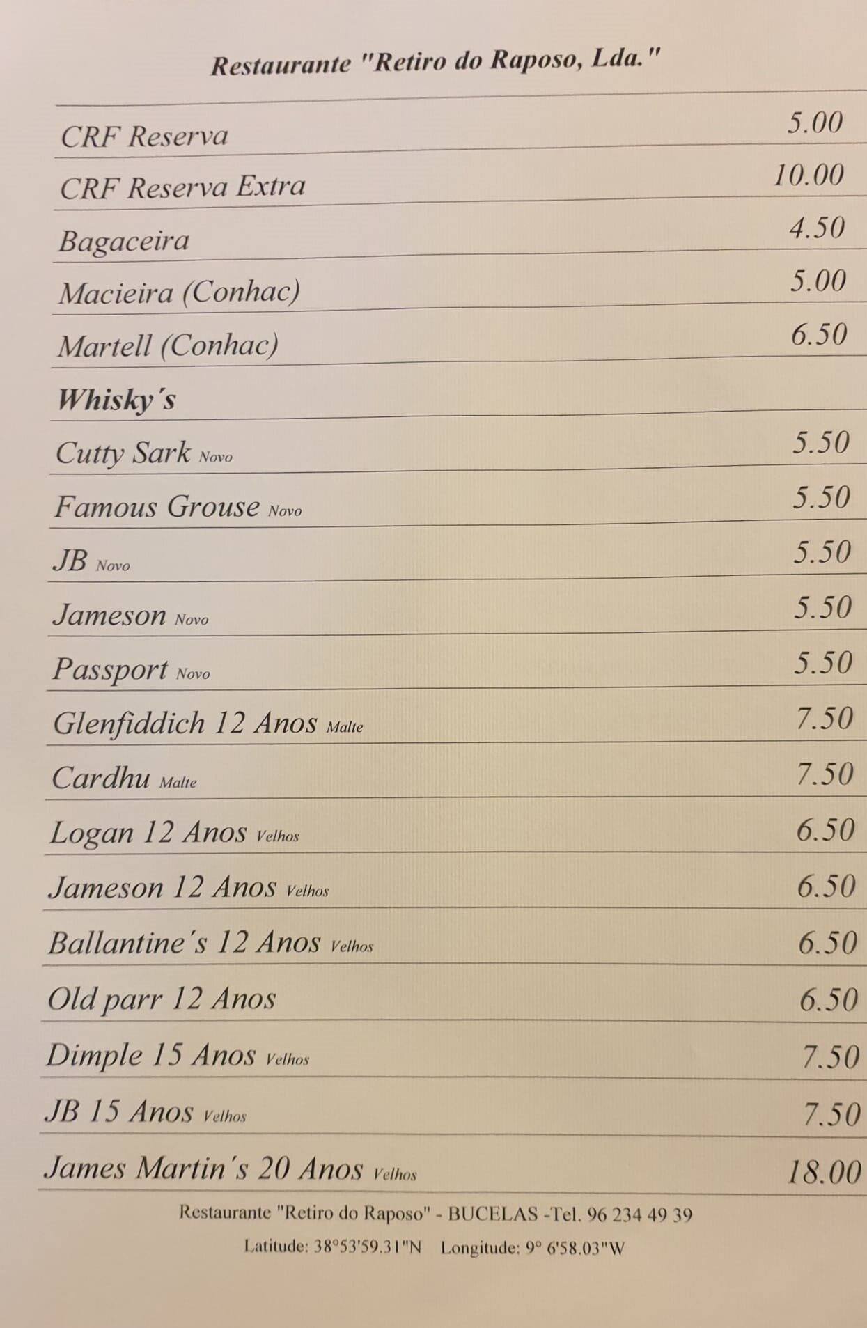 Menu em Restaurante Retiro do Raposo, Bucelas