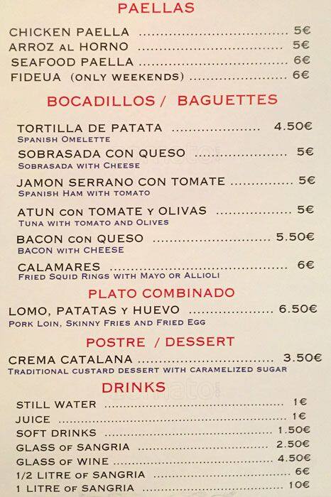 Menu at Valencia, Dublin