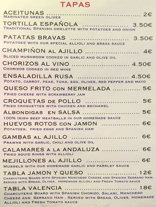 Menu at Valencia, Dublin