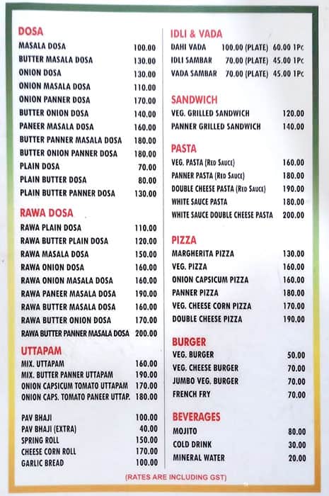Menu of Kumaran Dosa & Fast Food, Civil Lines, Ludhiana