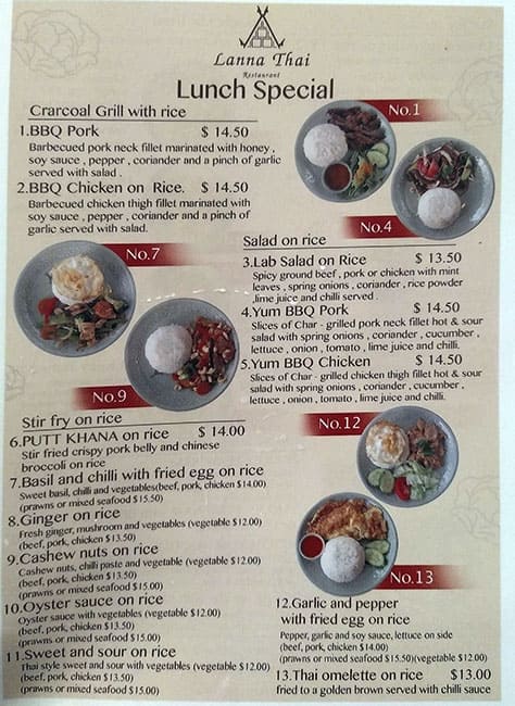 Menu at Lanna Thai restaurant, North Melbourne, 65 Flemington Rd