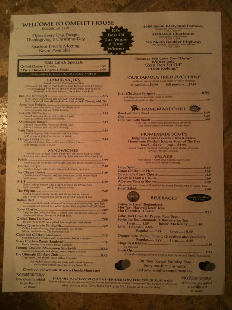 Menu at Omelet House restaurant, Las Vegas, W Charleston Blvd A