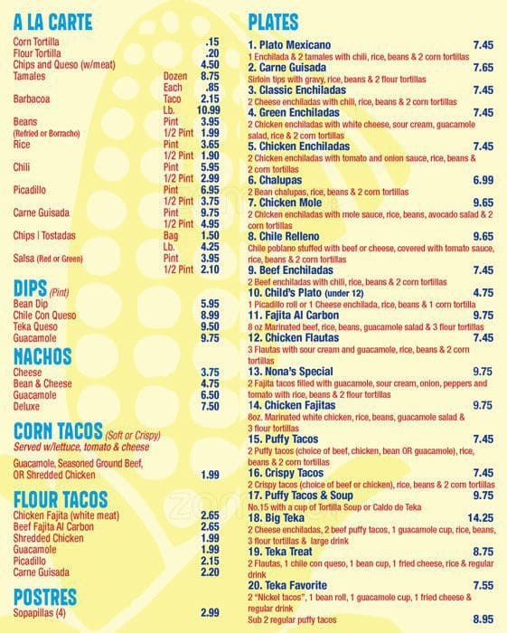 Menu at Teka Molino restaurant, San Antonio, Rittiman Rd