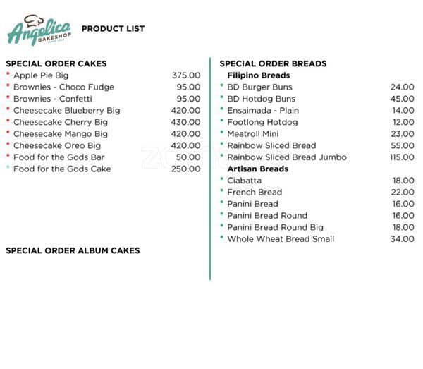 Menu at Angelica Bakeshop desserts, Cebu City, Osmeña Blvd