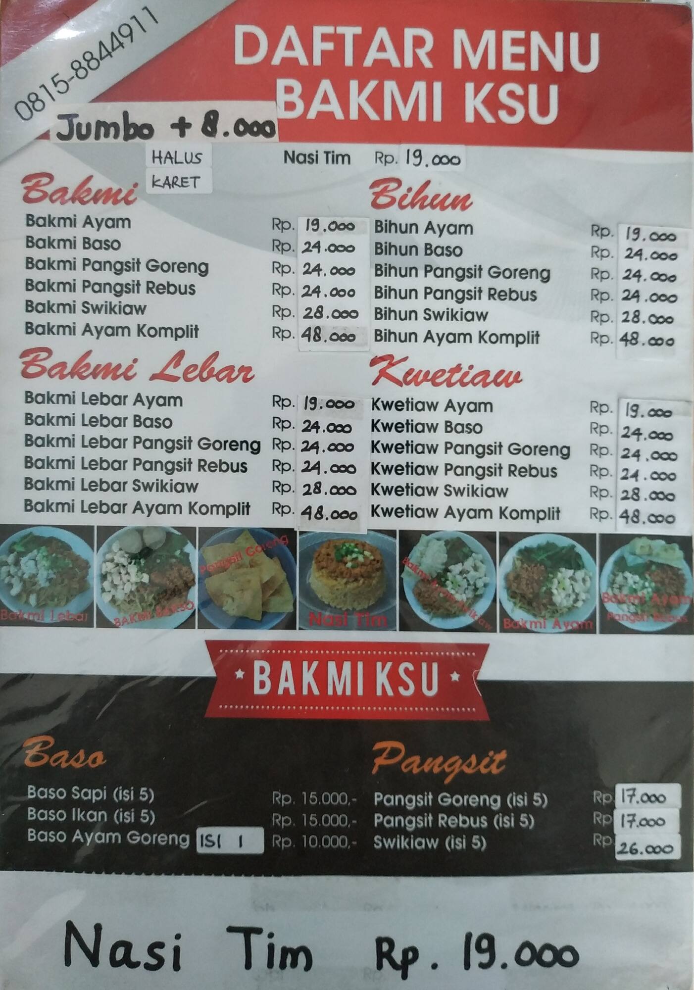 Menu at Bakmi KSU restaurant, Jakarta