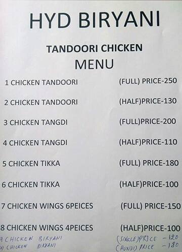 Menu at Traditional Biryani, Hyderabad