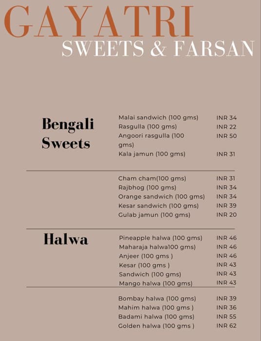 Menu at Gayatri Sweets & Farsan, Mumbai