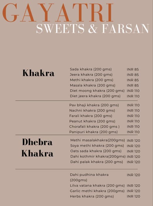 Menu at Gayatri Sweets & Farsan, Mumbai