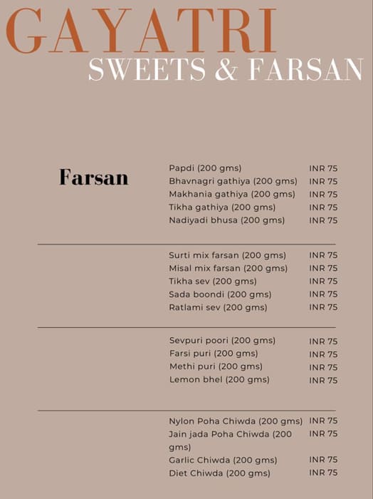 Menu at Gayatri Sweets & Farsan, Mumbai