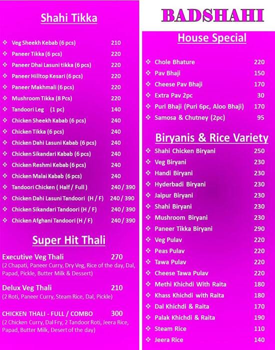 Menu of Badshahi, Aundh, Pune