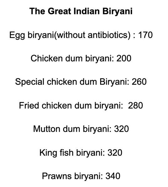 Menu of The Great Indian Biryani, Margao, Goa