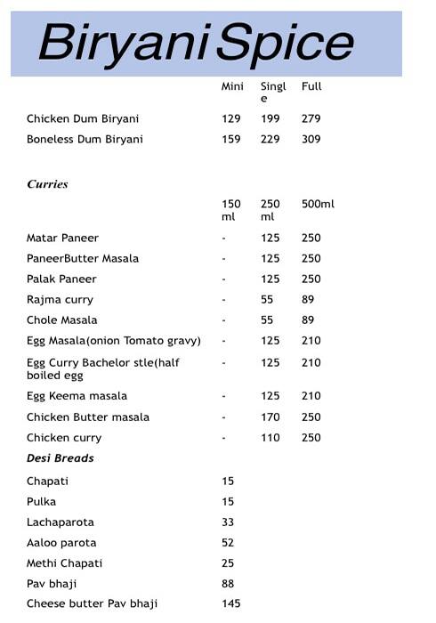 Menu of Biryani Spice, Jeedimetla, Hyderabad