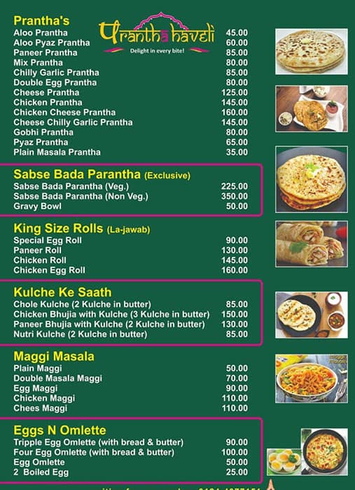 Menu at Parantha haveli, New Delhi
