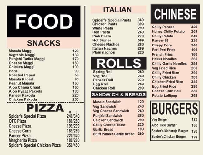 Menu of Spider's Cafe, Raja Park, Jaipur