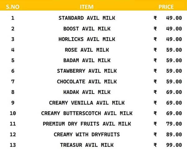 Menu of Mr . Avil Milk, Hosur Road, Bangalore