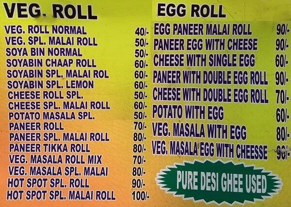 Hot Spot Roll Corner Menu, Menu for Hot Spot Roll Corner, Paschim Vihar ...