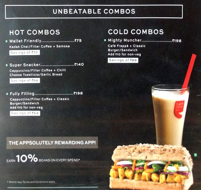 Menu at Café Coffee Day, New Delhi, Metro Station