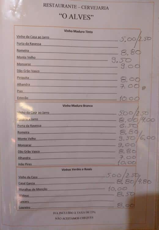 Carta del restaurante O Alves, Lisboa