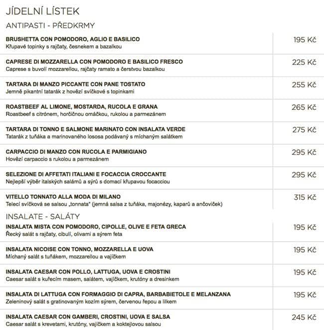 Menu at Polpo restaurant, Prague