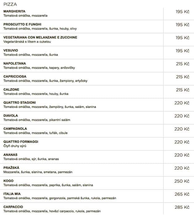 Menu at Polpo restaurant, Prague