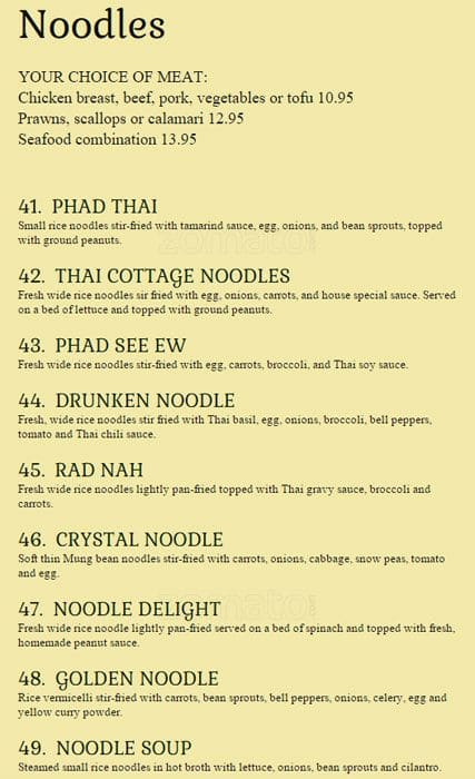 Menu at Thai Cottage restaurant, Edmonds