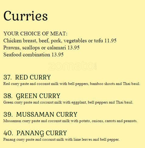 Menu at Thai Cottage restaurant, Edmonds