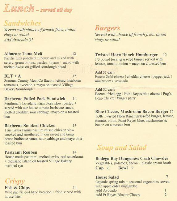 Menu at Bodega Country Store, Bodega, Bodega Hwy