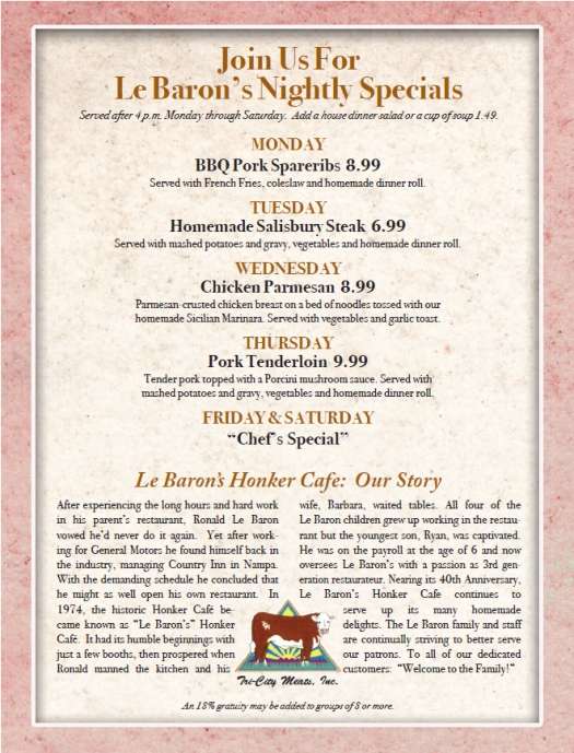 Menu at LeBaron's Honker Cafe, Nampa