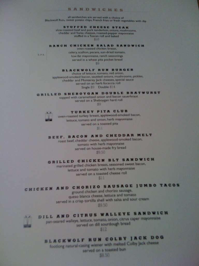Menu at Blackwolf Run Restaurant, Kohler