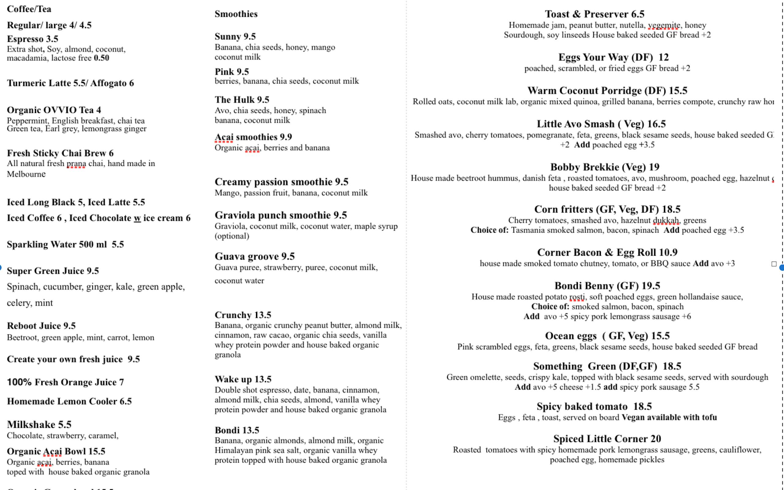 Menu at Little Corner Bondi cafe, North Bondi