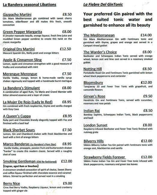 Menu at La Bandera pub & bar, Manchester, 2 Ridgefield